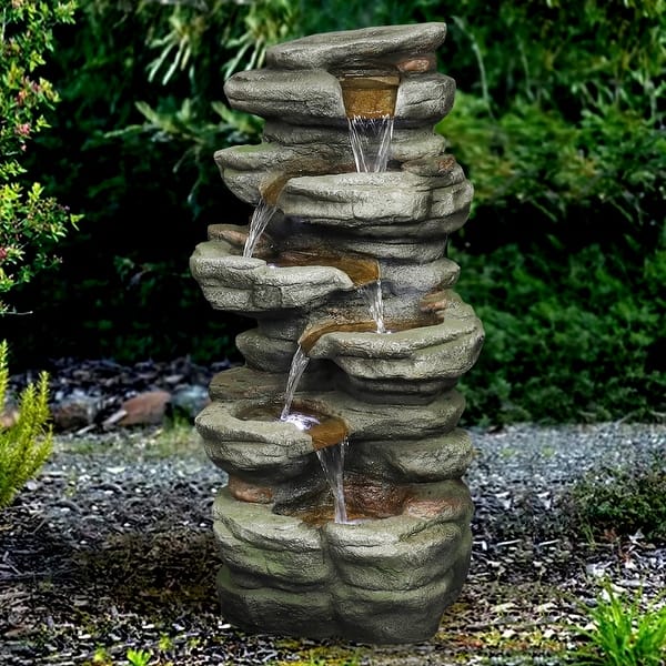 30.7-Inch Outdoor Water Fountain Rock Waterfall Feature w/Led Lights ...