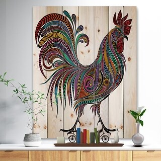 Designart '2017 Colored Patterns Rooster' Traditional Wood Wall Art ...