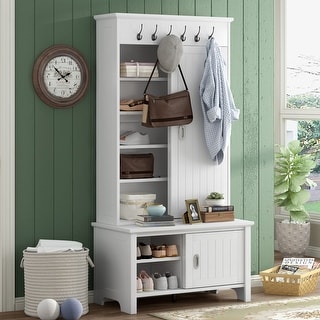 Modern Entryway Sliding Door Hall Tree with Storage Shoe Bench and ...