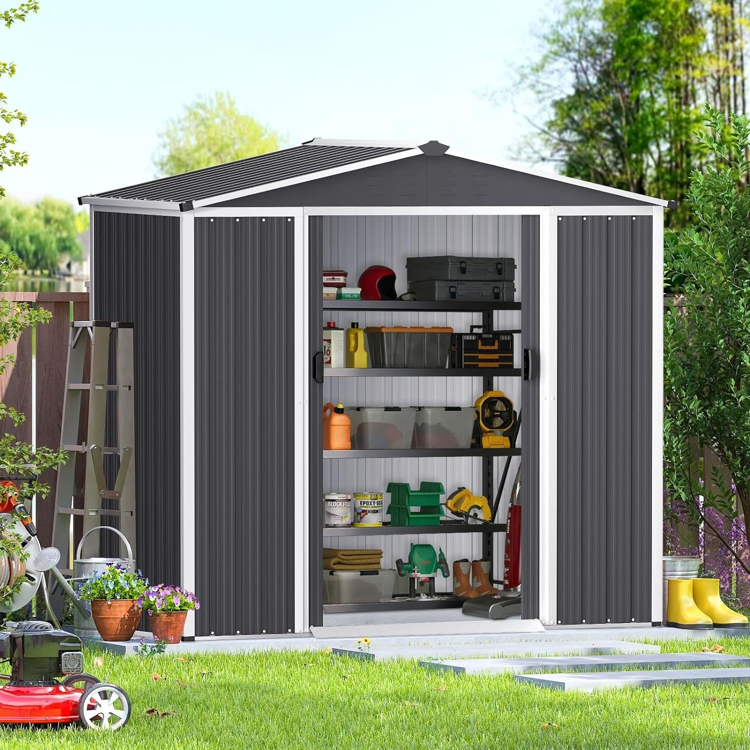 Outdoor Metal Tool Sheds Storage House with Lockable Double Door,Large ...