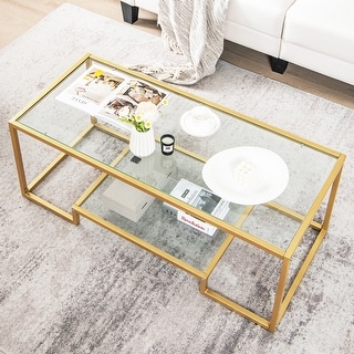 Modern 2-Tier Rectangular Coffee Table with Glass Table Top - 45" x 20" x 17" (L x W x H) - Bed ...