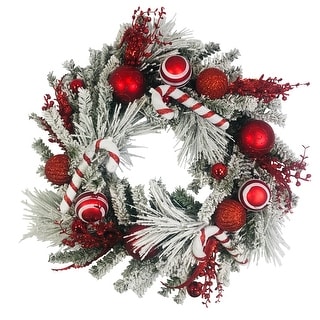 Platon Flocked Artificial Mixed Greens Wreath with Red and White ...