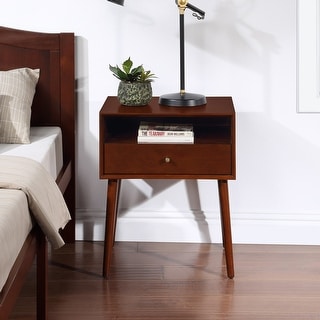Dark Walnut Bedside Table with Drawer & Open Shelf - Sturdy Wood ...