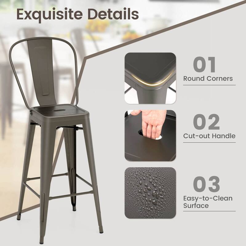 Costway Set of 4 High Back Metal Stool 30'' Seat Bar Height Industrial ...