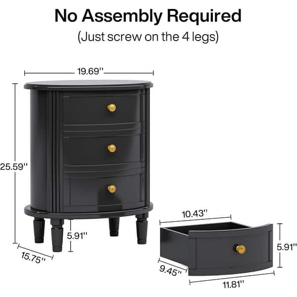 White Wood No Assembly Required 3-Drawer Bedside Table for Bedroom ...