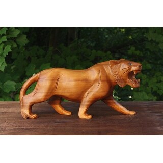 Wooden Hand Carved Tiger Statue Figurine Sculpture Art Decorative Home ...