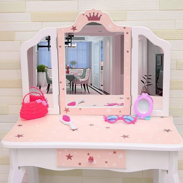 Princess Makeup Table for Kids - Vanity Set with Mirror, Stool, Tri ...