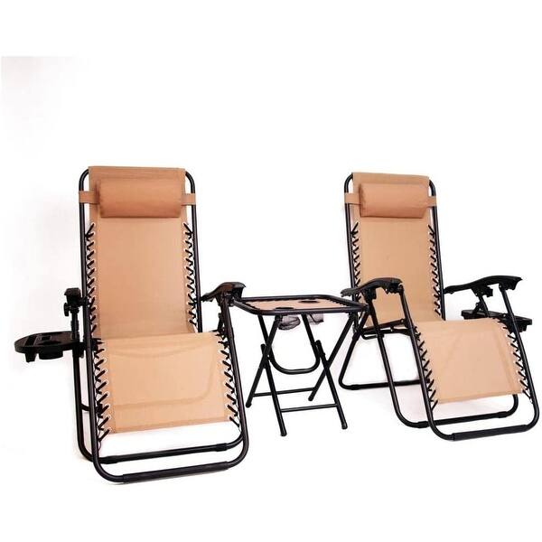 3PCS Gravity Foldable Chair Side Table Set Adjustable Recliner Pillow ...