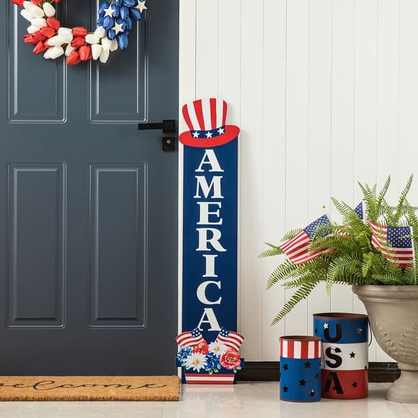 Glitzhome 42"H Patriotic Wood America Hat Hanging Sign Porch Decor - On ...