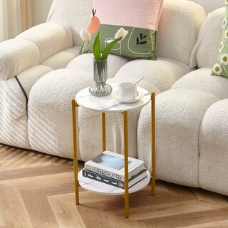 2-layer End Table Round Nightstand with Whole Marble Tabletop - Bed ...