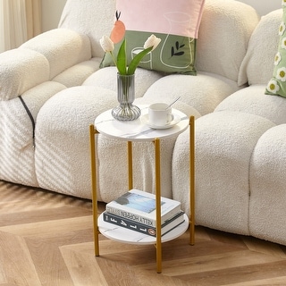 2-layer End Table with Whole Marble Tabletop, Round Coffee Table - Bed ...