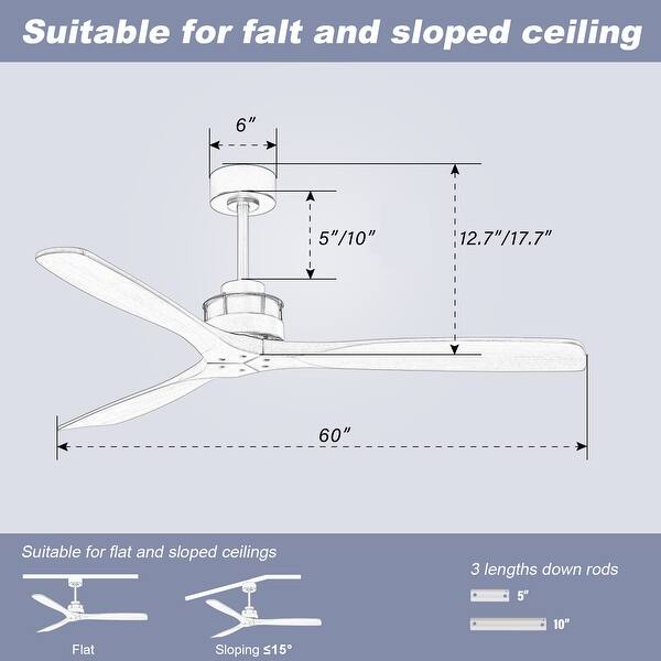 60In Ceiling Fan with 6 Speed Remote and 3 Wood Reversible Blades - Bed ...