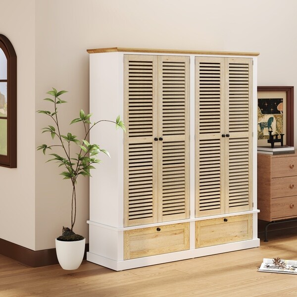 Solid Wood Wardrobe Armoire with 2 Drawers 4 Shutter Doors Natural White