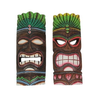 Blue & Green Flame Hand Carved Wood Tiki Masks Tropical Art (Set Of 2 ...