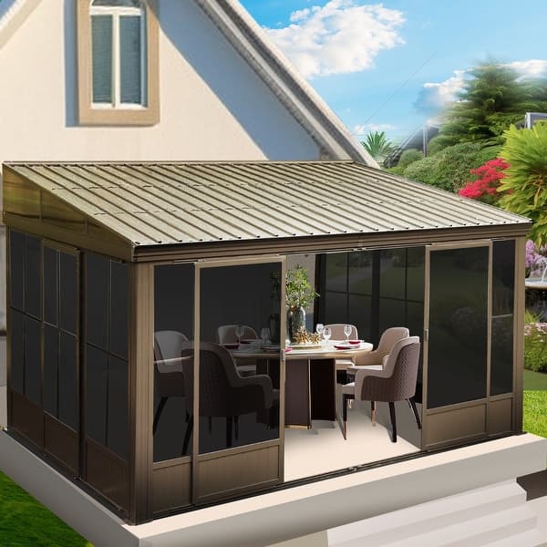 Domi Aluminum Patio Gazebo with Galvanized Roof and Screened Sunroom ...