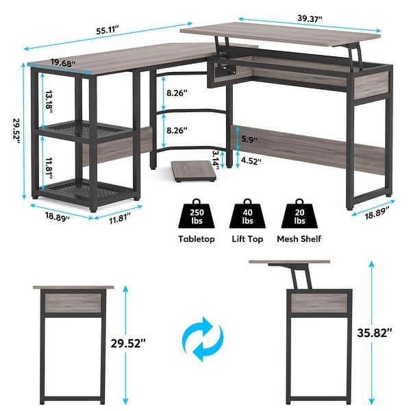 L-Shaped Computer Desk with Lift Top, 59 inch Height Adjustable Office ...