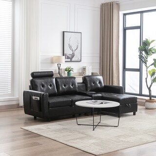 Black Pu Leather Reversible Sleeper L-Shape Sectional Sofa - Bed Bath & Beyond - 40412417