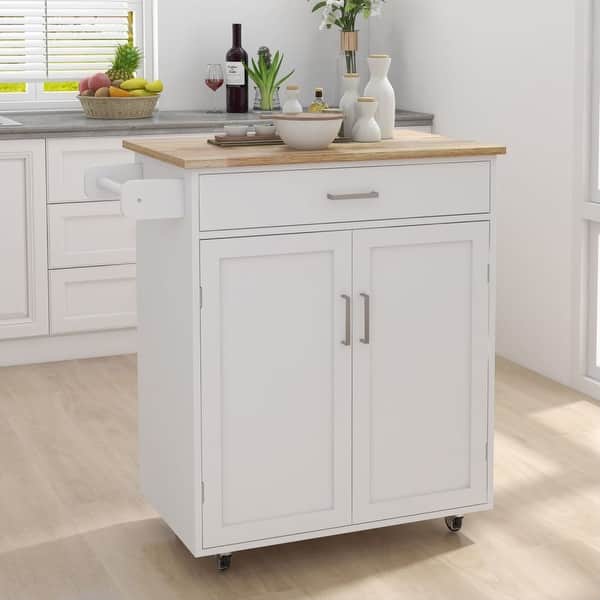 Modern White Side Table Kitchen Cart Storage Wood Top Living Room - Bed ...