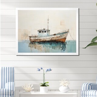 Designart "Minimalism Fishing Boat At The Beach I" Coastal Boat Framed ...
