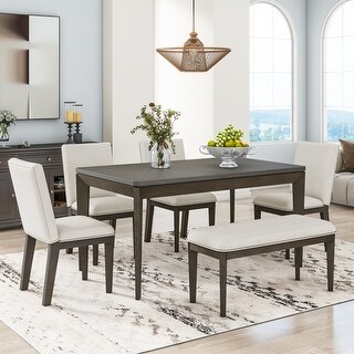 Rectangular 6 Pc Dining Table Set w/4 Padded Backs Chair and Bench ...