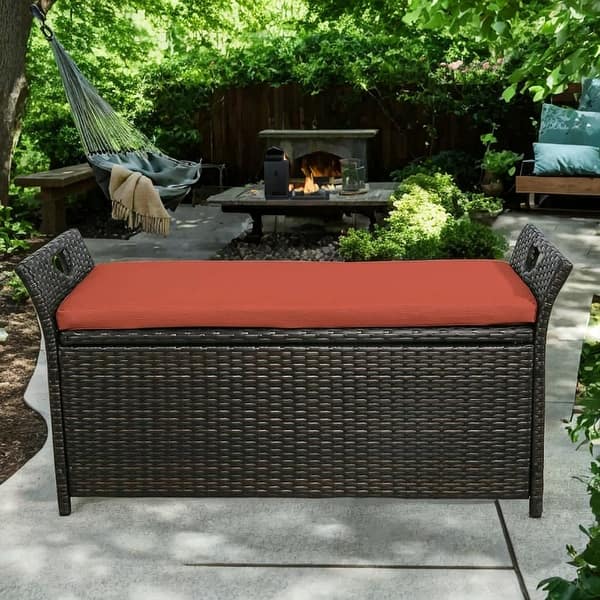 Patio Wicker Storage Bench Outdoor Rattan Deck Storage Box with Red ...