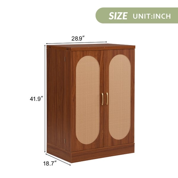 Fold Out Bar Cabinet with Walnut Finish and Rattan Doors and Storage ...