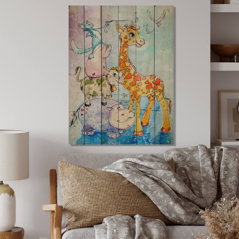 Designart 'Cartoons Animals Kid Watercolor' Traditional Wood Wall Art ...