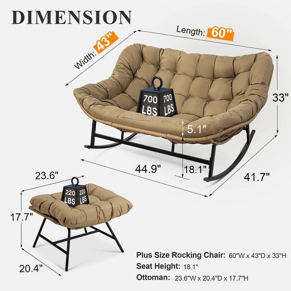 FINCATI Outdoor Double Rocking Chair, Double Wide Rocking Chair, 700 ...