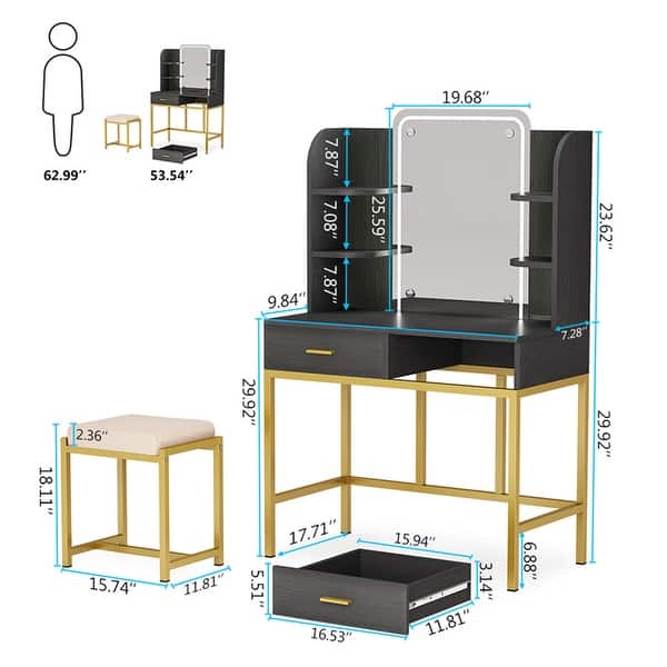 2-piece Vanity Table Set, Vanity Make Up Table and Stool Set with LED ...