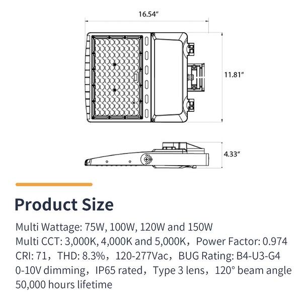 LED Area Light, Dimmable, 75-150W Wattage and 3 Color Temperature Selectable, Bronze, 120-277Vac ...