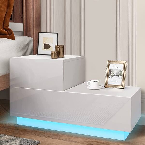 LED Nightstands Modern White Nightstand Bedside Table with High Gloss 2 ...