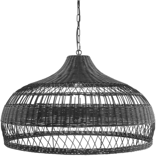 4-Light Natural Rattan Traditional Drum Pendant Light Black Canopy ...
