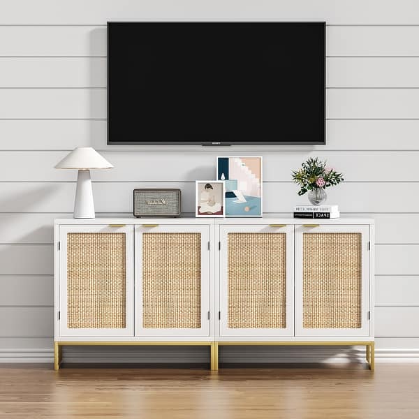 Modern 2 Door White Rattan Buffet Sideboard Wood Kitchen Accent Storage ...