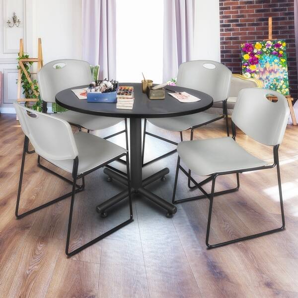 Kobe Laminate 48-inch Round Breakroom Table with 4 Zeng Grey Stackable ...