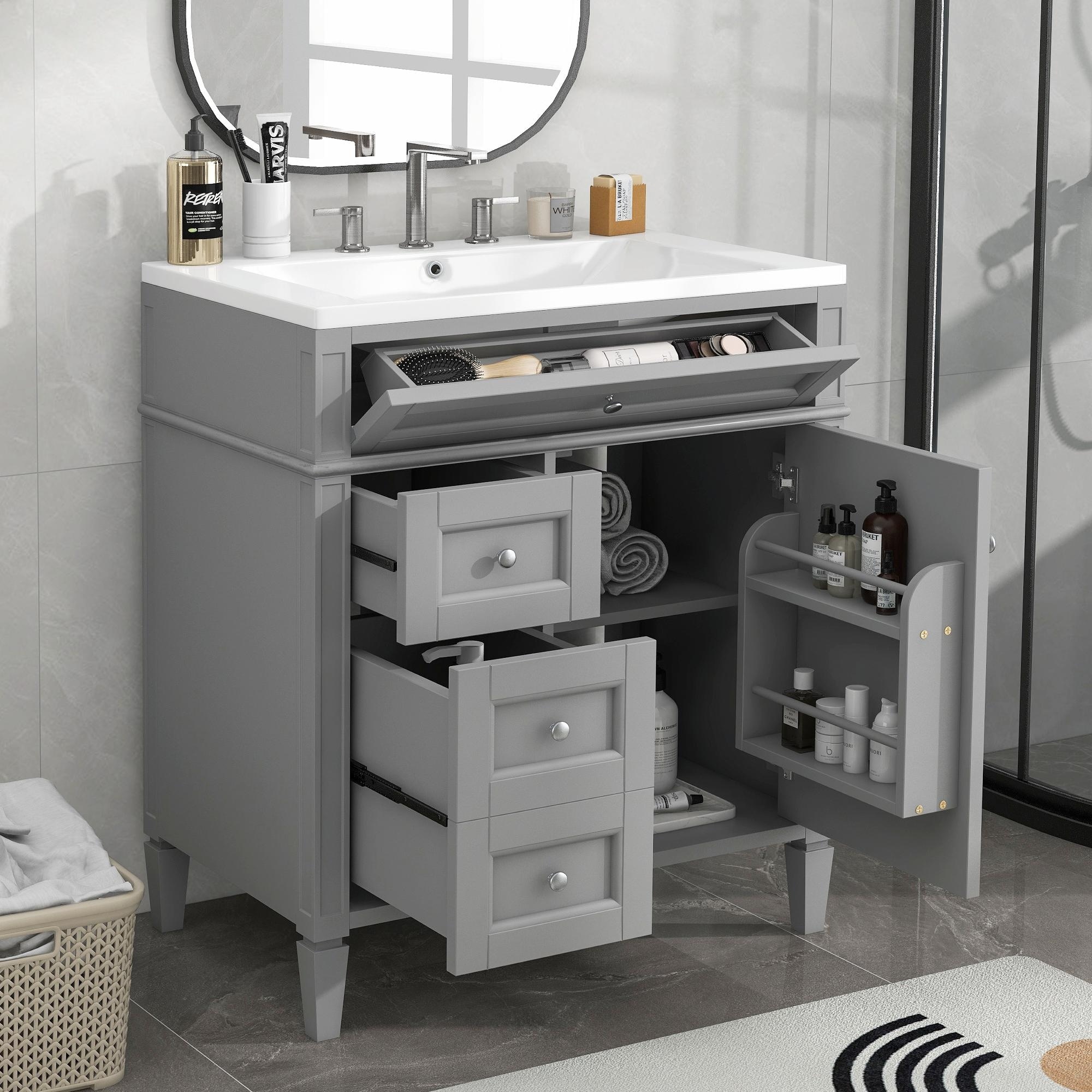 30" Grey Bathroom Vanity with Single Sink and Multifunctional Storage ...