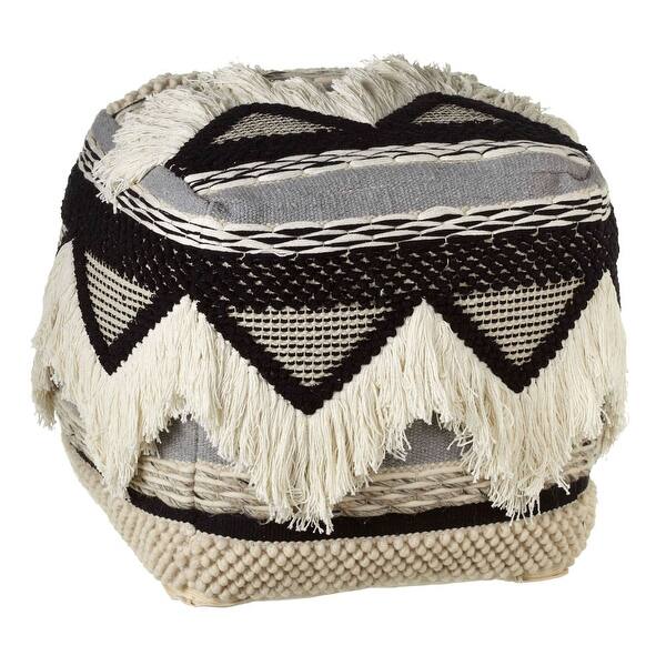 18” Black and White Hand Woven Geometric Square Pouf with Fringe ...