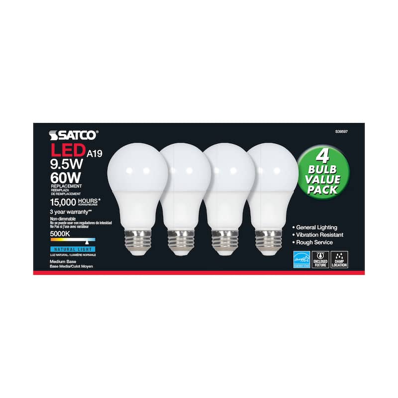 9.5 Watt A19 LED Frost 5000K Medium base 220 deg. Beam Angle 120 Volt Non-Dimmable 4-Pack - N/A ...