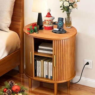 Mid Century Nightstand with Charging Station, Fluted Design, Sliding ...