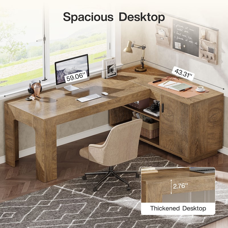 59-inch Rustic Corner Computer Desk with 2-tier Cabinet and Open ...