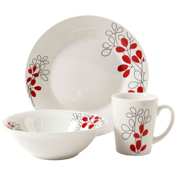 Gibson Scarlet Leaves, Porcelain Dinnerware 12-Piece Set Red-Grey Leaf ...