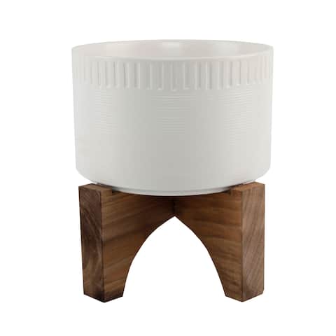 Mid-Century 8" CERAMIC DUMPLING POT ON WOOD STAND,Matte White - On Sale ...