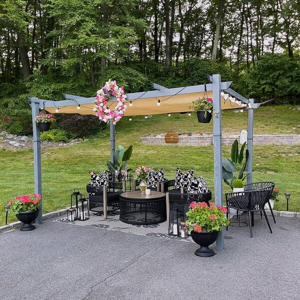 PURPLE LEAF Outdoor Retractable Aluminum Pergola Grey Wood Grain Frame ...