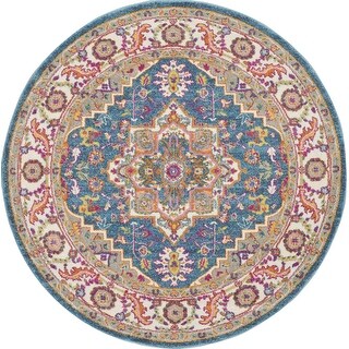 HomeRoots5' Gray Round Floral Power Loom Area Rug - 5' Round - Bed Bath ...