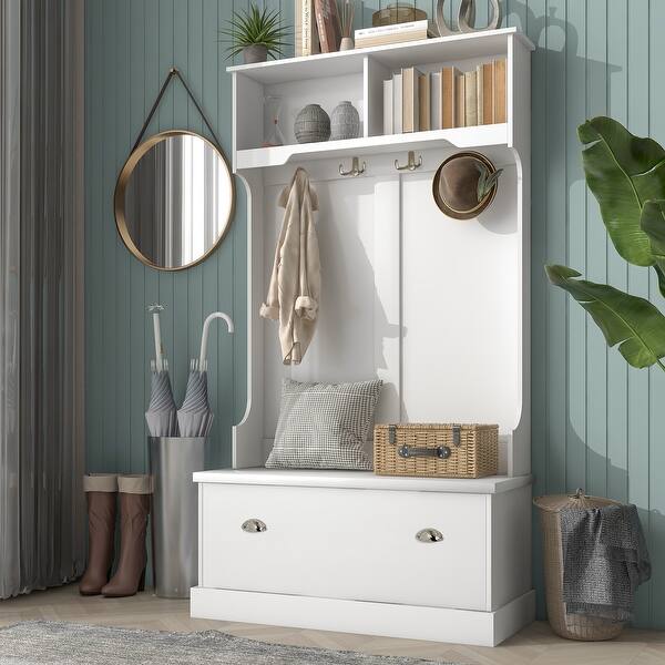 3-in-1 Hall Tree Wardrobe with Entryway White Bench Coat Rack Storage ...