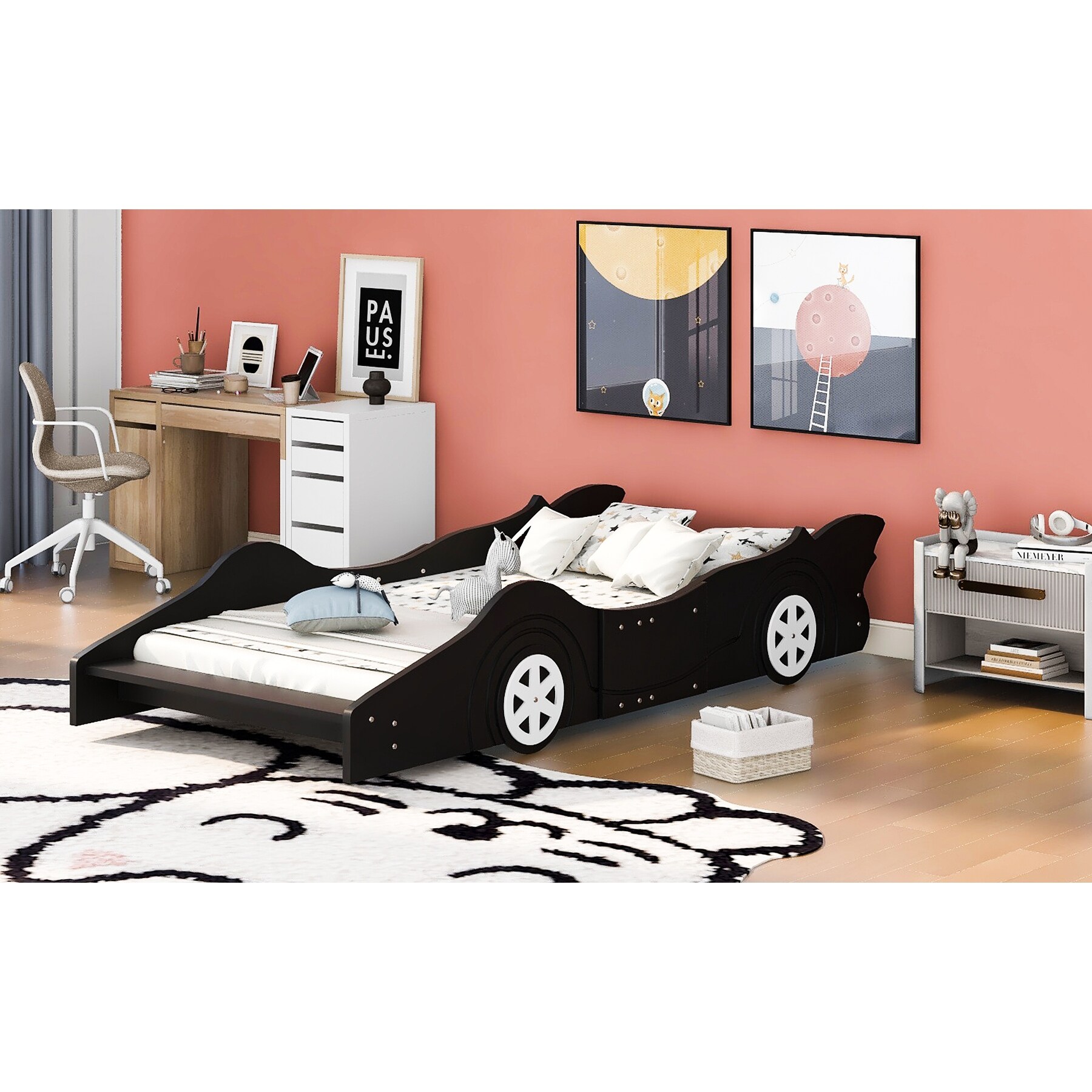 Children Wood Toddler Bed Twin Size Race Car Shaped Platform Bed Frames for Kids Wooden Bed with Wheels for Boys Girls Black