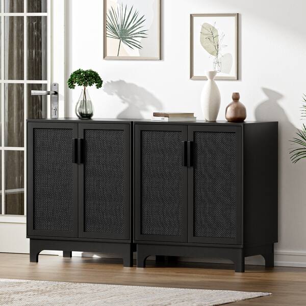 Anmytek Black Buffets and Sideboards Rattan Accent Storage Cabinet with ...