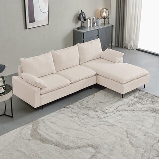 Beige L-Shaped Linen Fabric Upholostered Sectional Sofa with Left ...