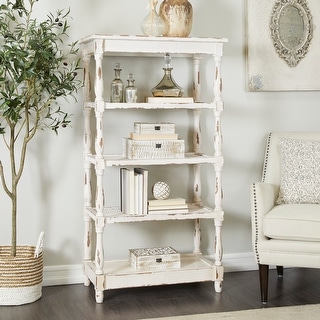 White Wood Distressed Open 5 Shelf Shelving Unit with Spindle Sides and ...