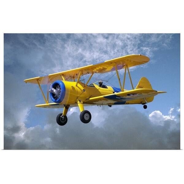 "Yellow Stearman 5YP bi-plane flying in cloudy sky" Poster Print ...