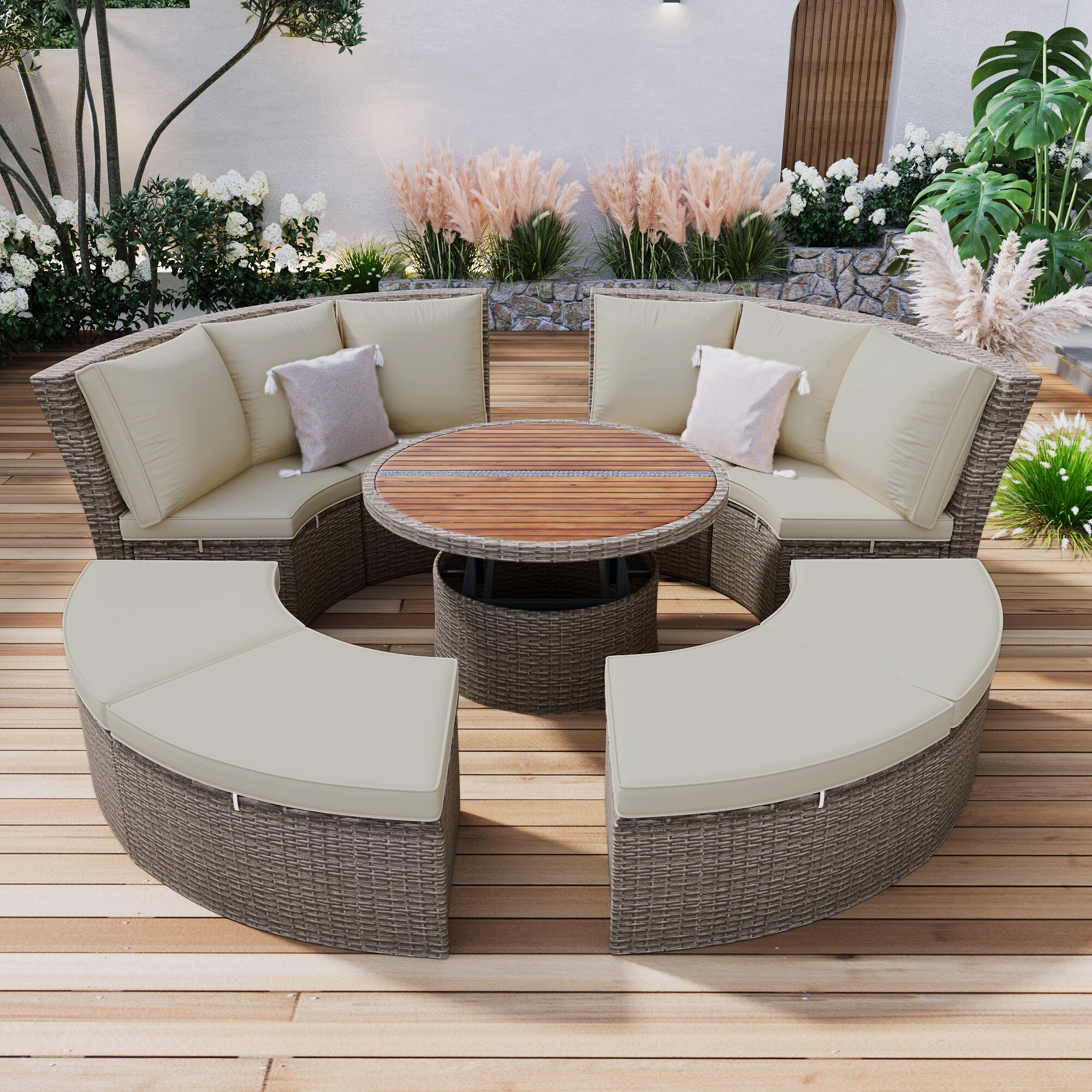 Round Sectional Sofa Set of 5 w/ Liftable Table and Grey Cushions - Bed ...